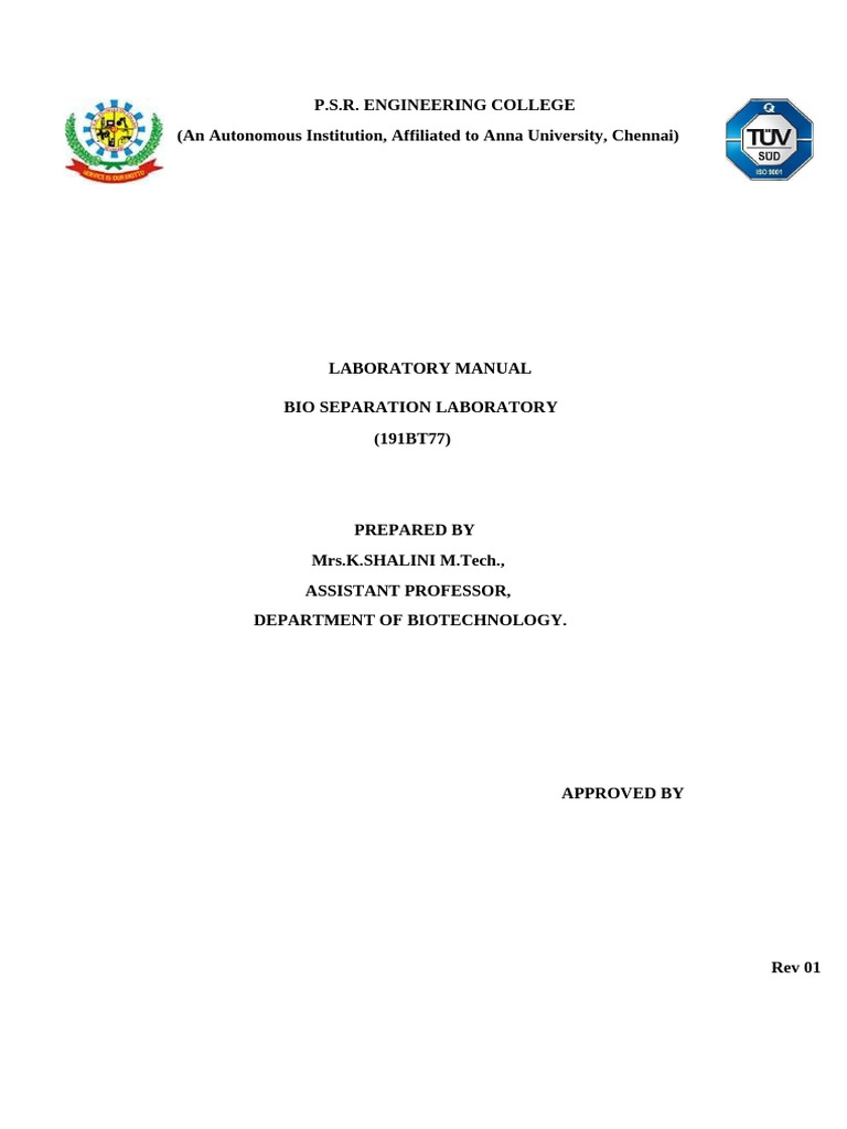 Bioseparation Laboratory Manual | PDF | Membrane | Chemistry