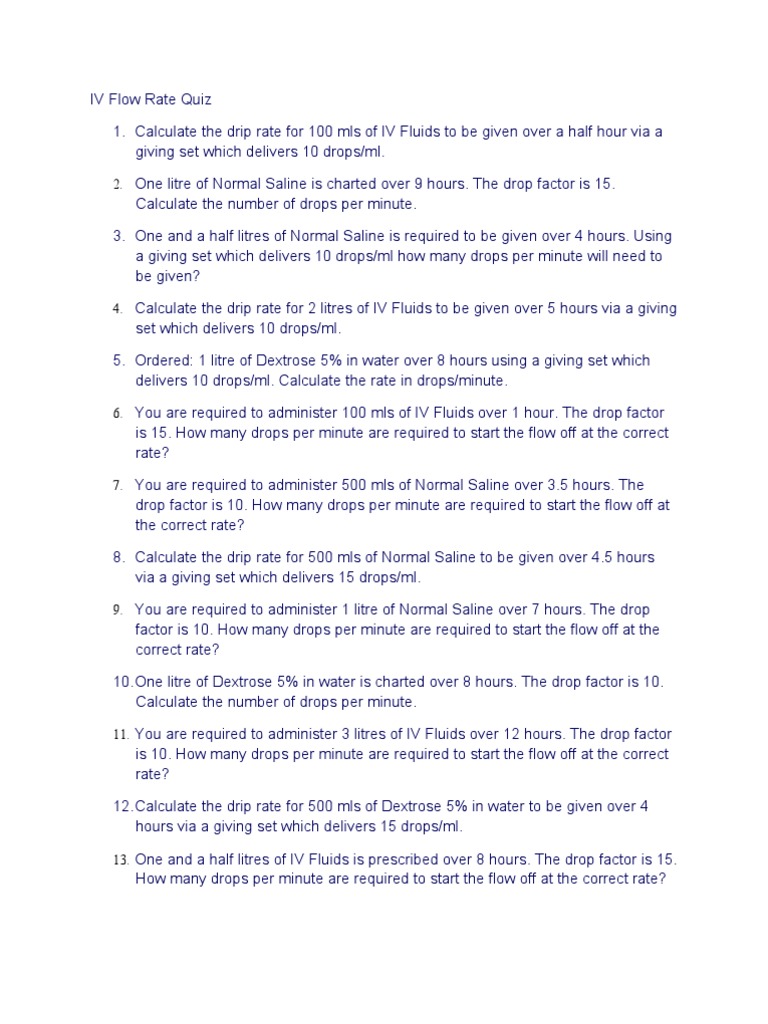 IV Flow Rate Quiz | PDF | Saline (Medicine) | Litre