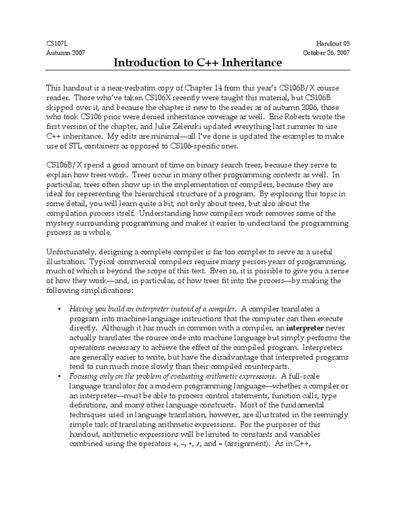 Introduction To C++ Inheritance: CS107L Handout 05 Autumn 2007 October ...