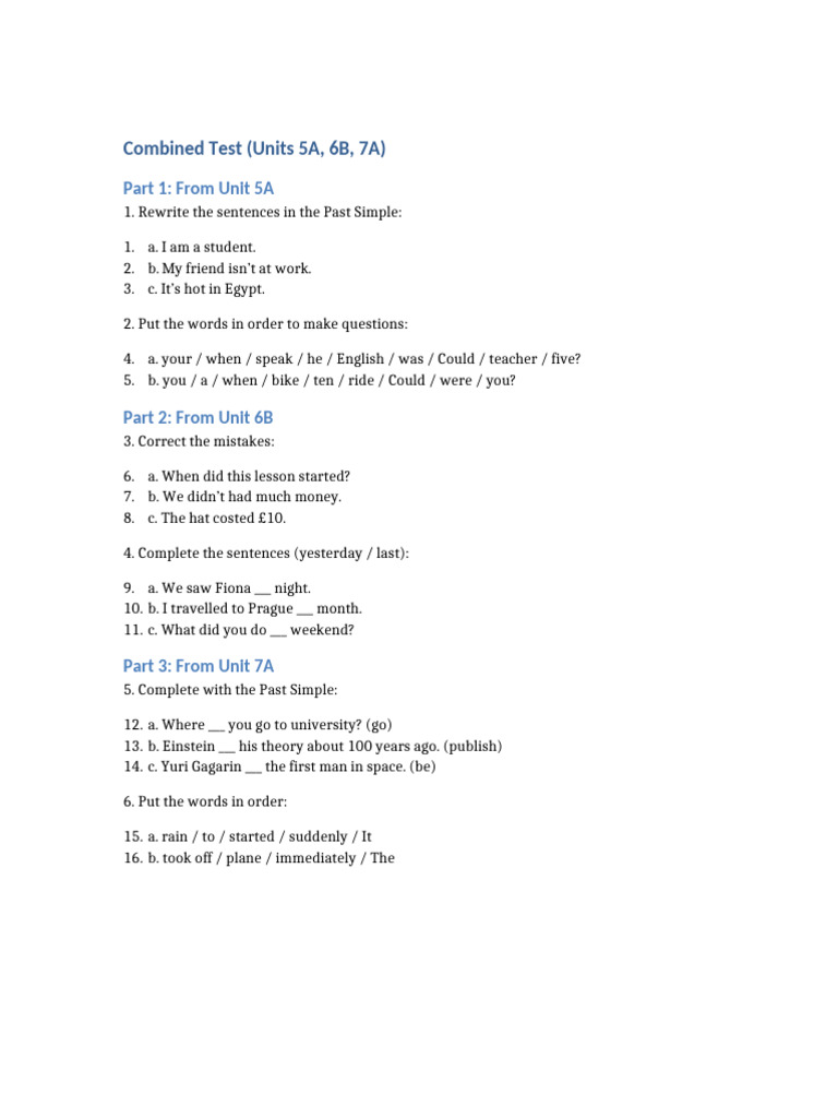 Past Simple Test for English Units | PDF
