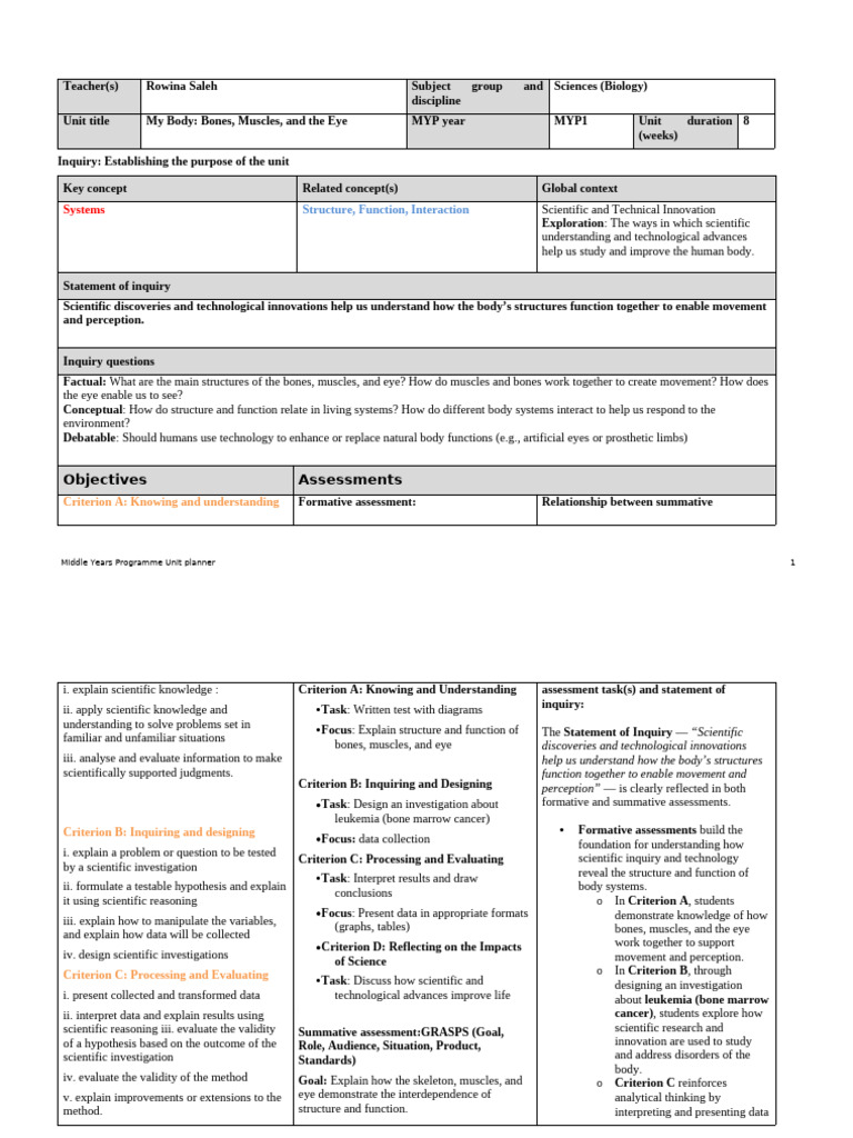 MYP Biology UnitPlanner Bones Muscles Eye (Edited) 1 | PDF | Science ...