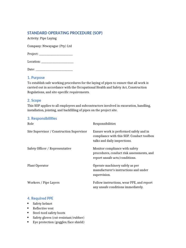 Pipe Laying SOP for Safety Compliance | PDF | Personal Protective ...