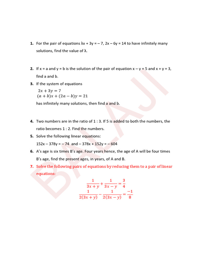 3.pair of Linear Equations in Two Variables IMPORTANT QUESTION | PDF ...
