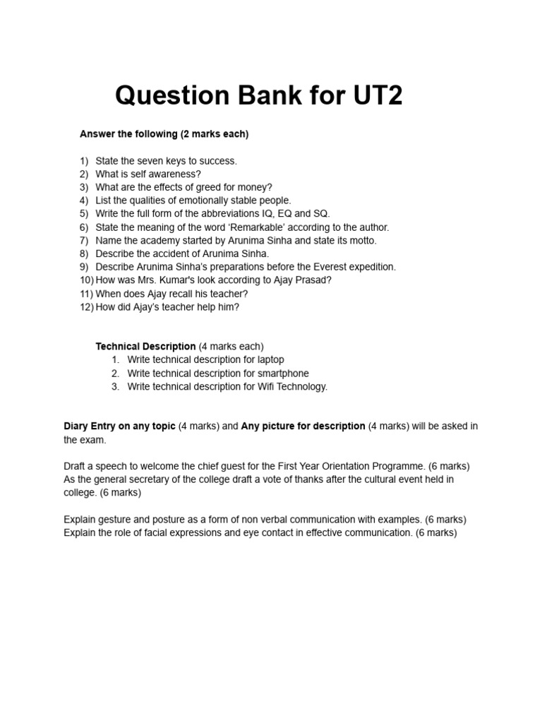 UT2 Question Bank: Success & Communication | PDF
