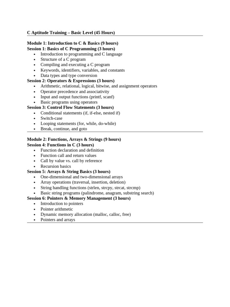 C Aptitude Training Syllabus Pdf Computer Program Programming