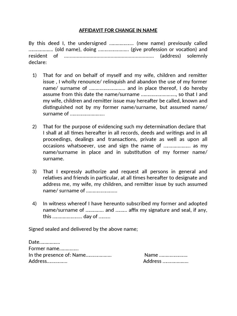 Name Change Affidavit Template | PDF | Civil Law (Common Law) | Common Law