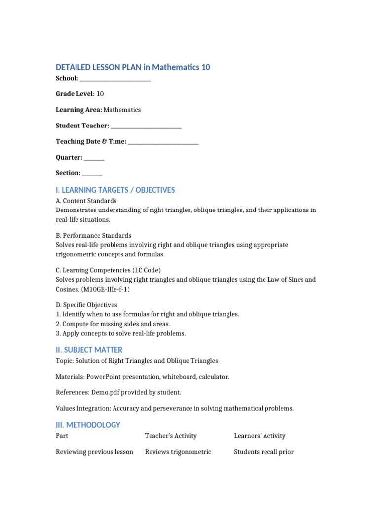 Mathematics 10 Lesson Plan: Triangles | PDF | Trigonometric Functions ...