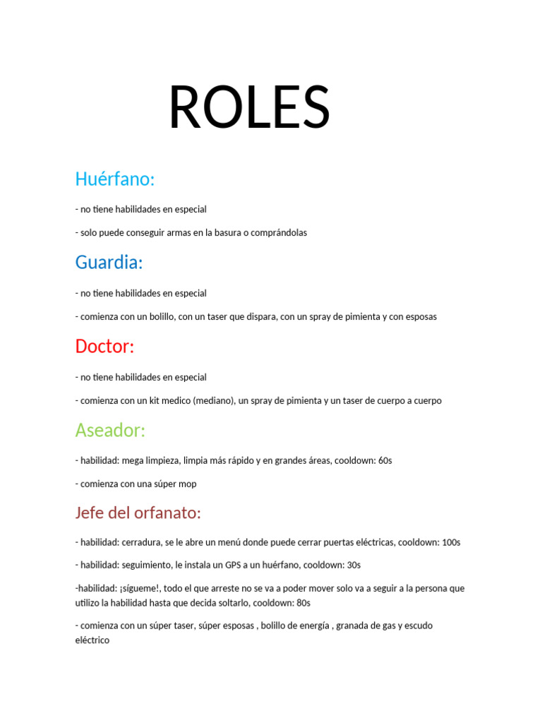 Roles y habilidades de personajes en juego | PDF