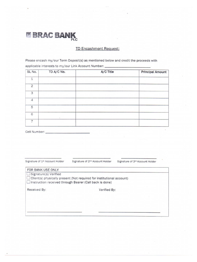 Brac Bank TD FDR Encashment Request Form PDF | PDF