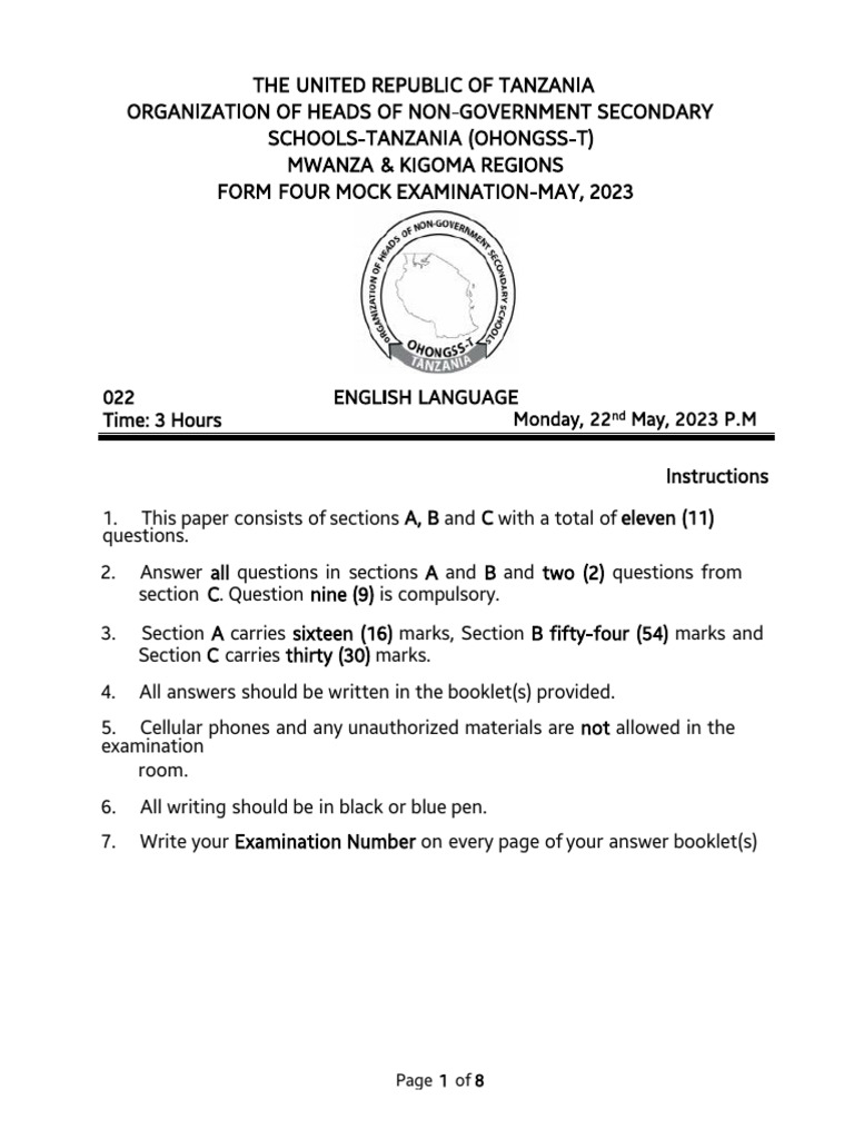 Tanzania Form Four English Mock Exam 2023 | PDF | Linguistics | Languages