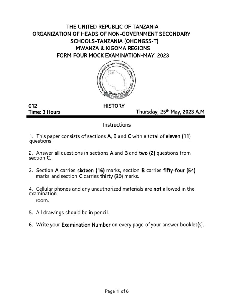 Tanzania Form Four History Mock Exam 2023 | PDF | Colonialism | Africa
