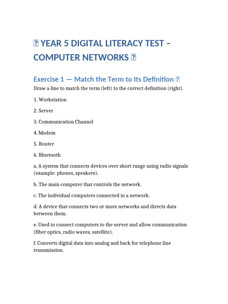 Y5 Digital Literacy Networks Test | PDF