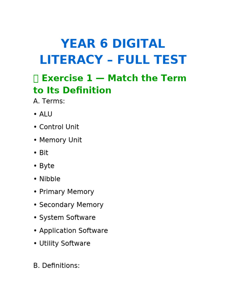 Year6 Digital Literacy Full Test Fun | PDF | Computer Data Storage | Bit