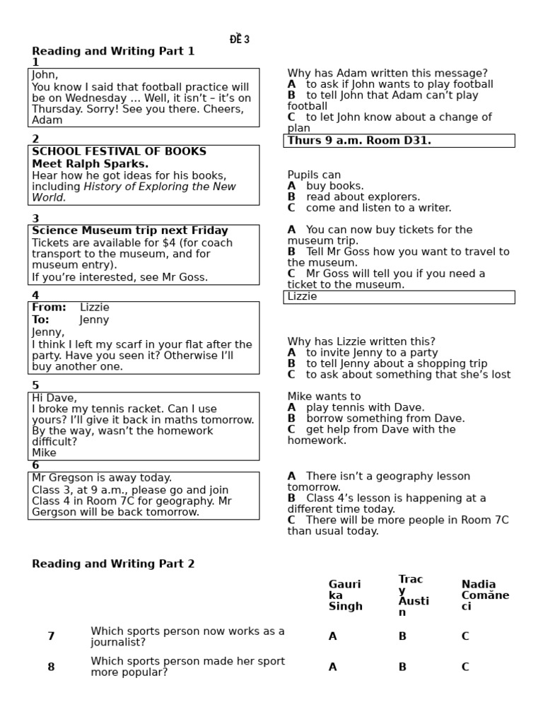 Ket Bổ Trợ Đề 3 Read & Write | PDF