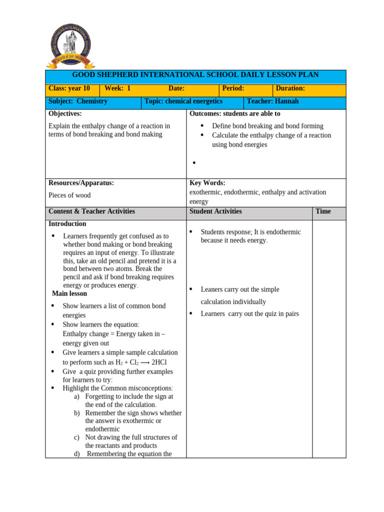 Year 10 Chemistry Lesson Plan: Enthalpy | PDF | Chemical Reactions ...
