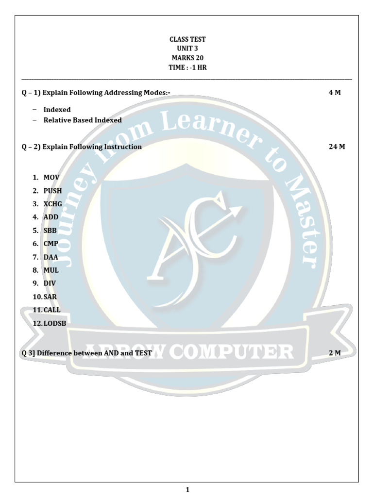 Unit 3 Class Test on Addressing Modes and Instructions | PDF