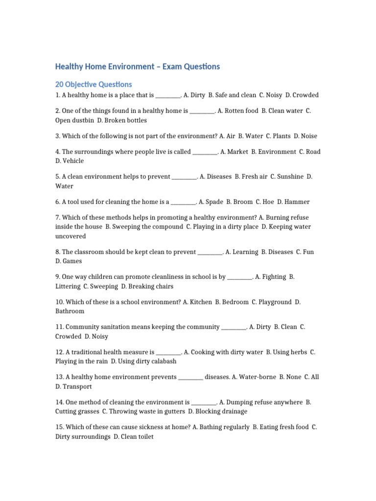 Healthy Home Environment Exam Questions | PDF | Water
