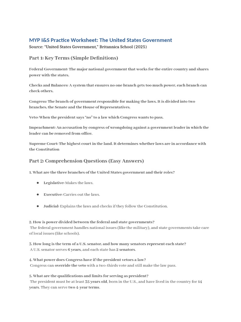 MYP I&S Practice Worksheet - The United States Government | PDF ...