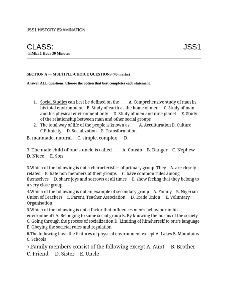 JSS1 History Exam: Multiple Choice Questions | PDF