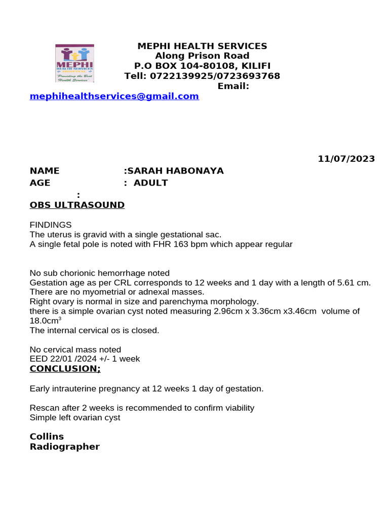 Ultrasound Report: Early Pregnancy Findings | PDF