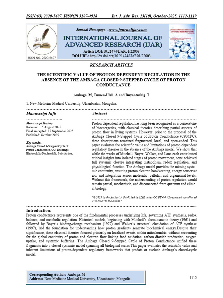 THE SCIENTIFIC VALUE OF PROTON-DEPENDENT REGULATION IN THE ABSENCE OF ...