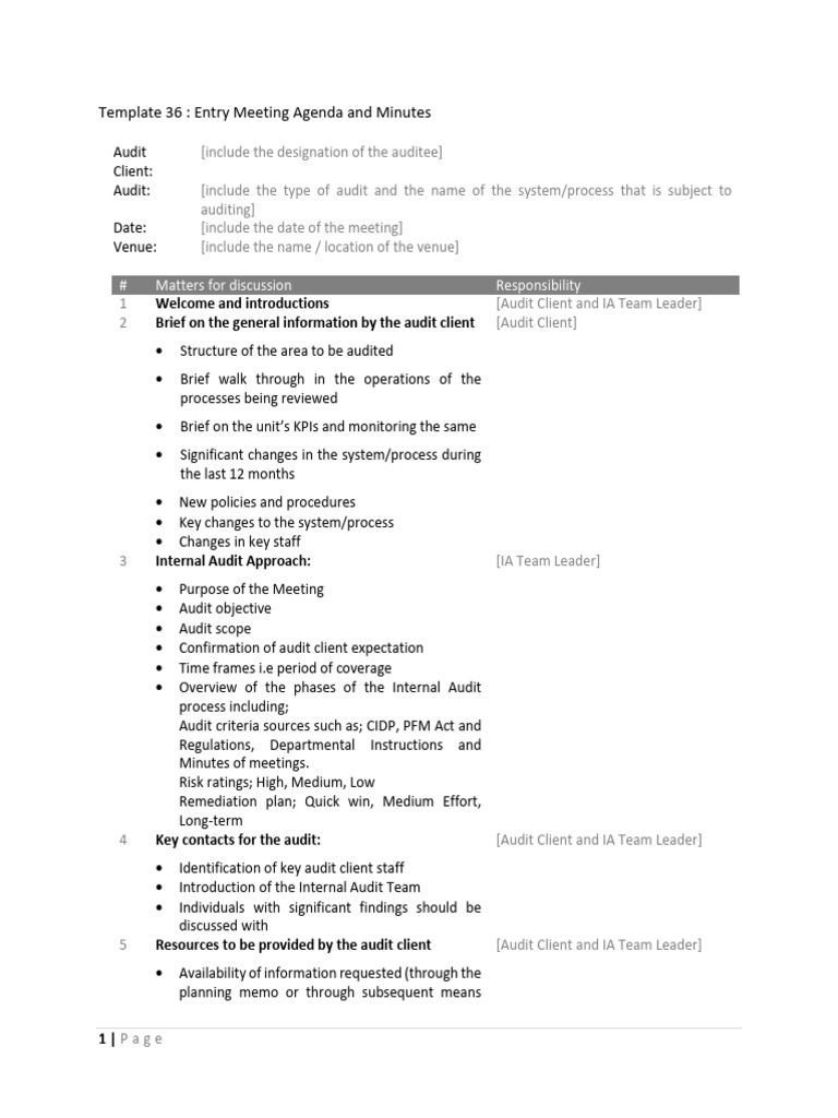 Template 36 Entry Meeting Agenda and Minutes 2021 | PDF | Internal ...
