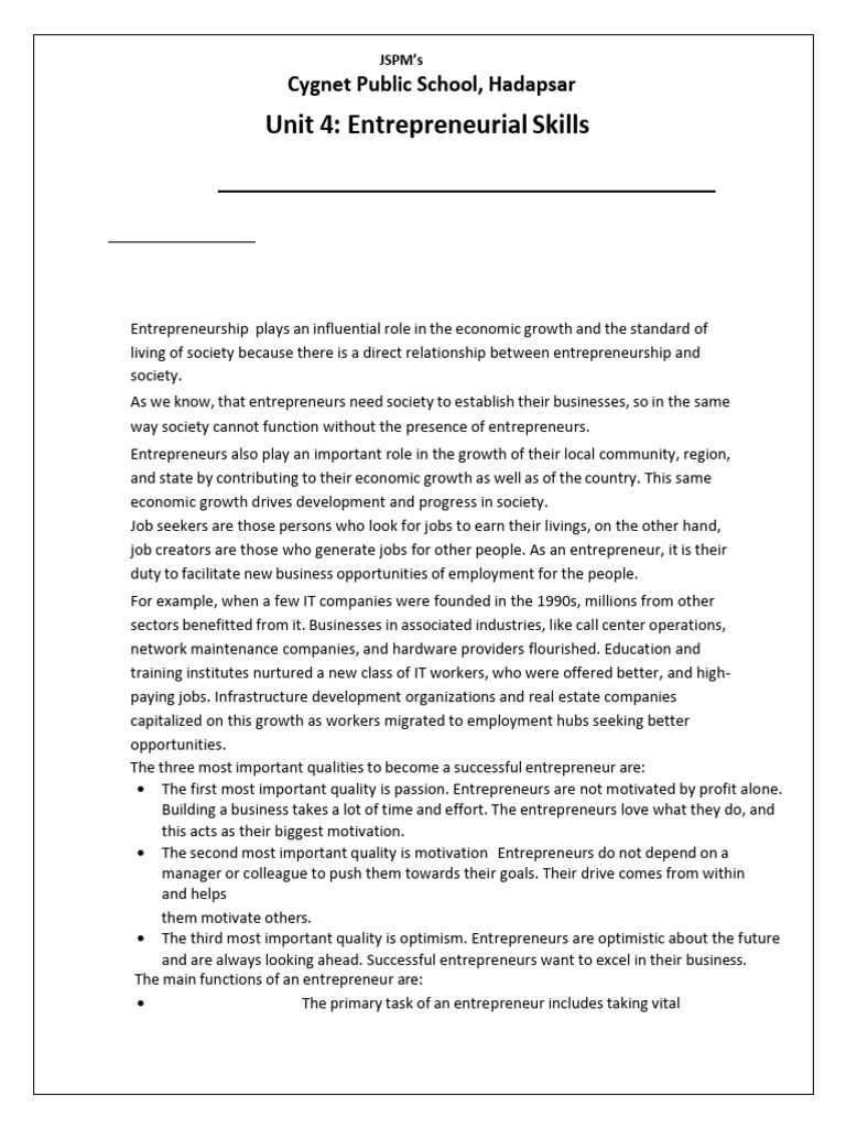 X Unit 4 Entrepreneurial Skill QA | PDF | Entrepreneurship | Employment