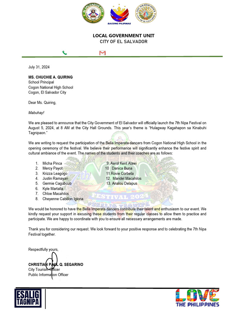 Letter To Excuse Students For The Nipa Festival Opening | PDF