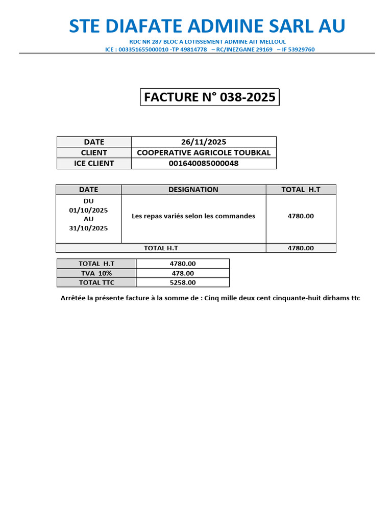 Facture 038-2025 : Coopérative Toubkal | PDF