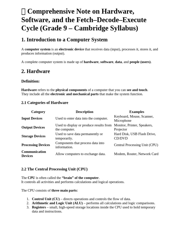 Grade 9 Note On Hardware Software Fetch Decode Execute | PDF | Computer Hardware | Central ...