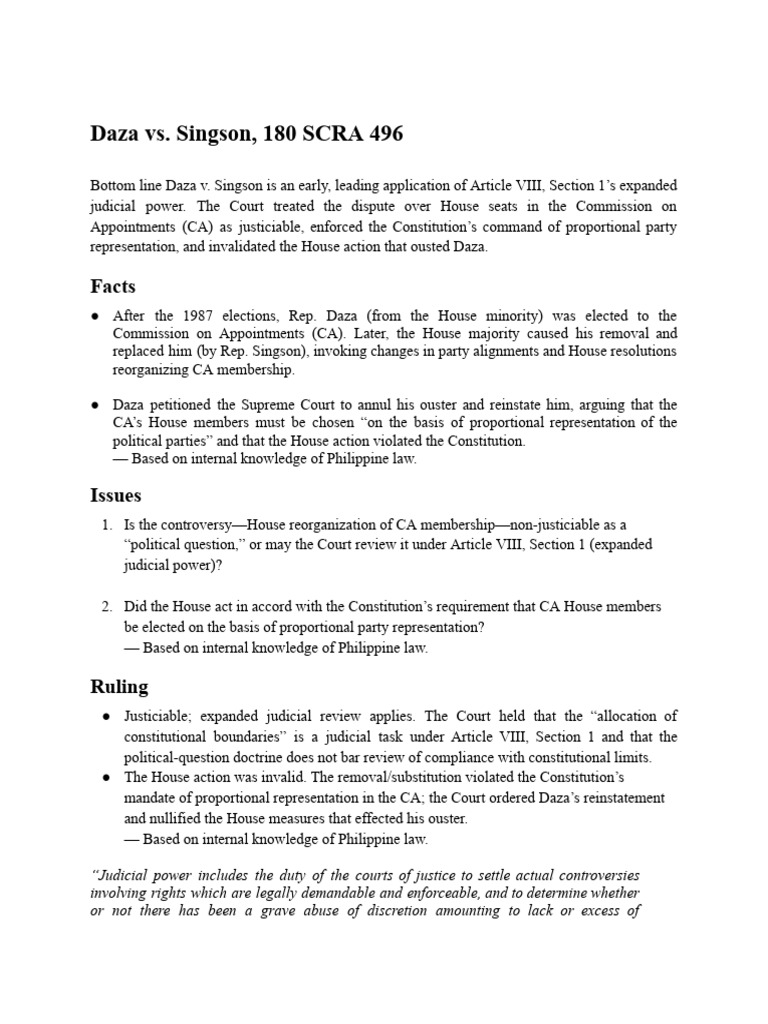 Daza vs. Singson, 180 SCRA 496 | PDF | Constitutional Law | Separation ...