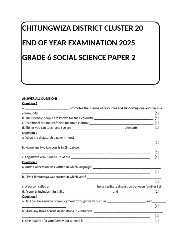 Grade 6 Social Science Exam Questions | PDF