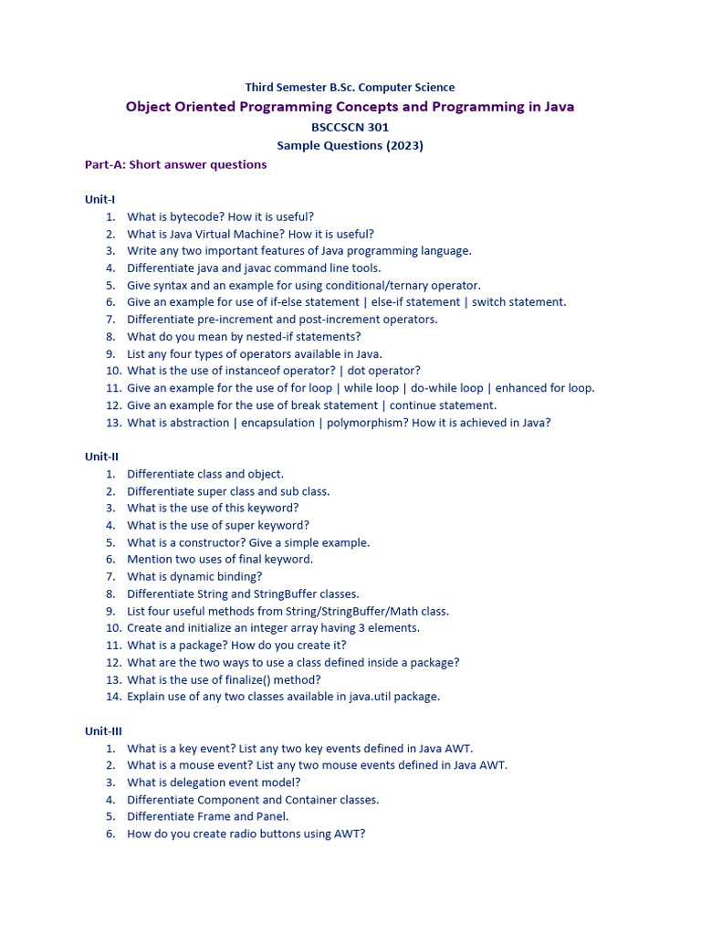 Sample Questions Java Oop 2023-24 Bsccscn301 | PDF | Control Flow ...