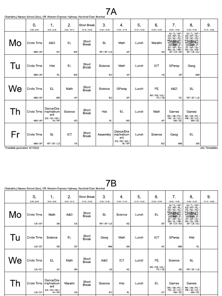 Grade 7 Timetable 2022-23 | PDF
