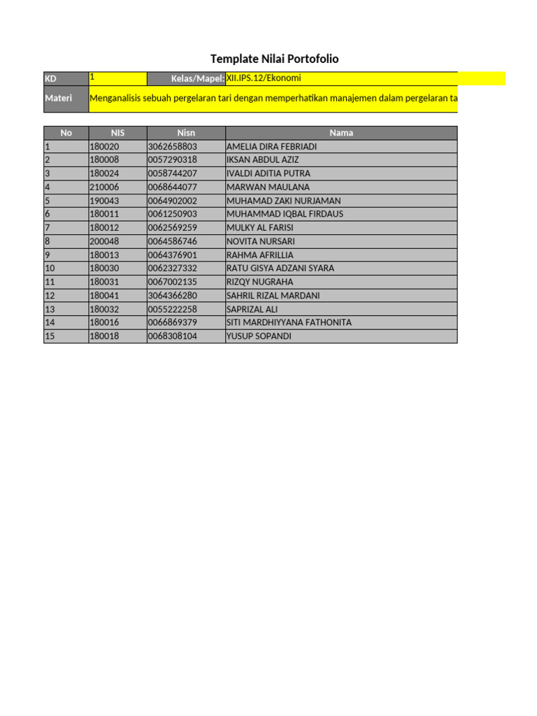 Template Nilai Portofolio XII - Ips.12 SBD | PDF