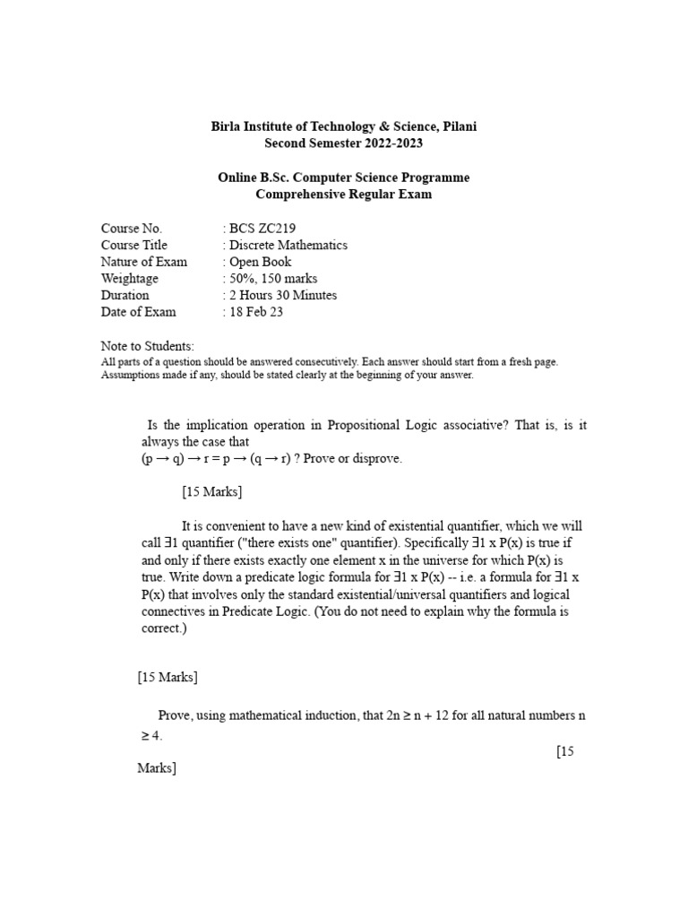 BITS Pilani Discrete Mathematics Exam 2023 | PDF | Logic | Theoretical ...