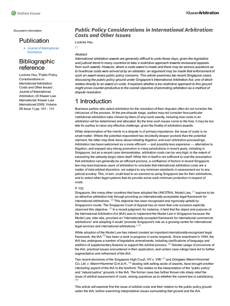 Public Policy Considerations in International Arbitration Costs and ...