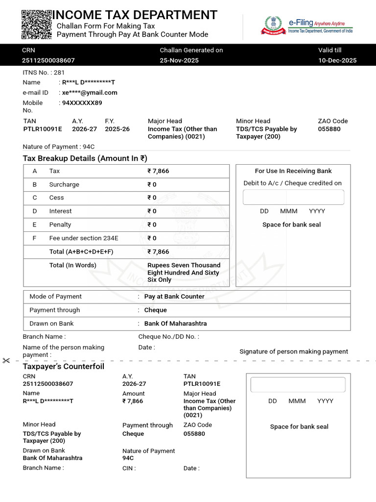 Income Tax Payment Challan Form | PDF | Payments | Cheque