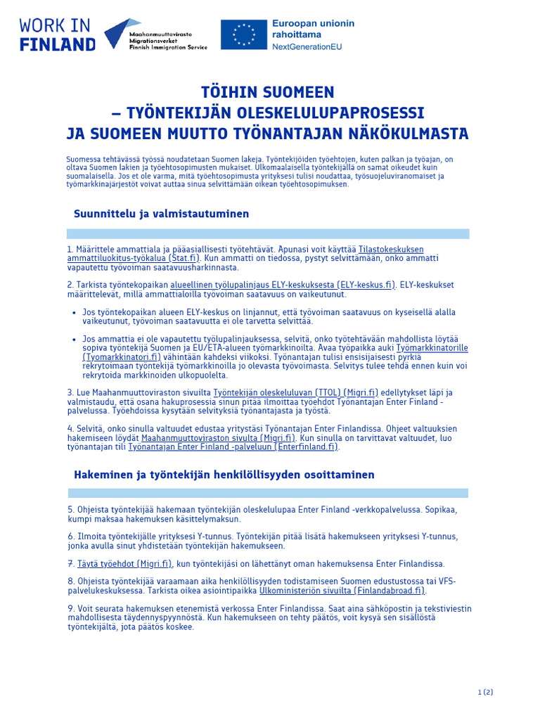 Migri Ja WiF - Töihin Suomeen - Ohjepaketti PDF | PDF