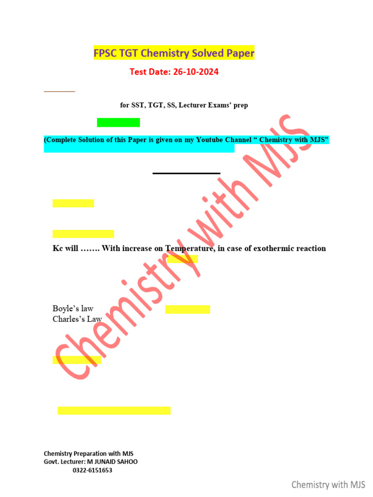 FPSC TGT Chemistry Past Paper 26-10-2024 by MJS SIR | PDF | Chemical ...