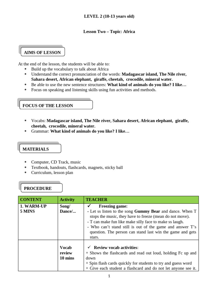 Africa 10 - 13 Years Old - Lesson 2 | PDF | Vocabulary | Flashcard