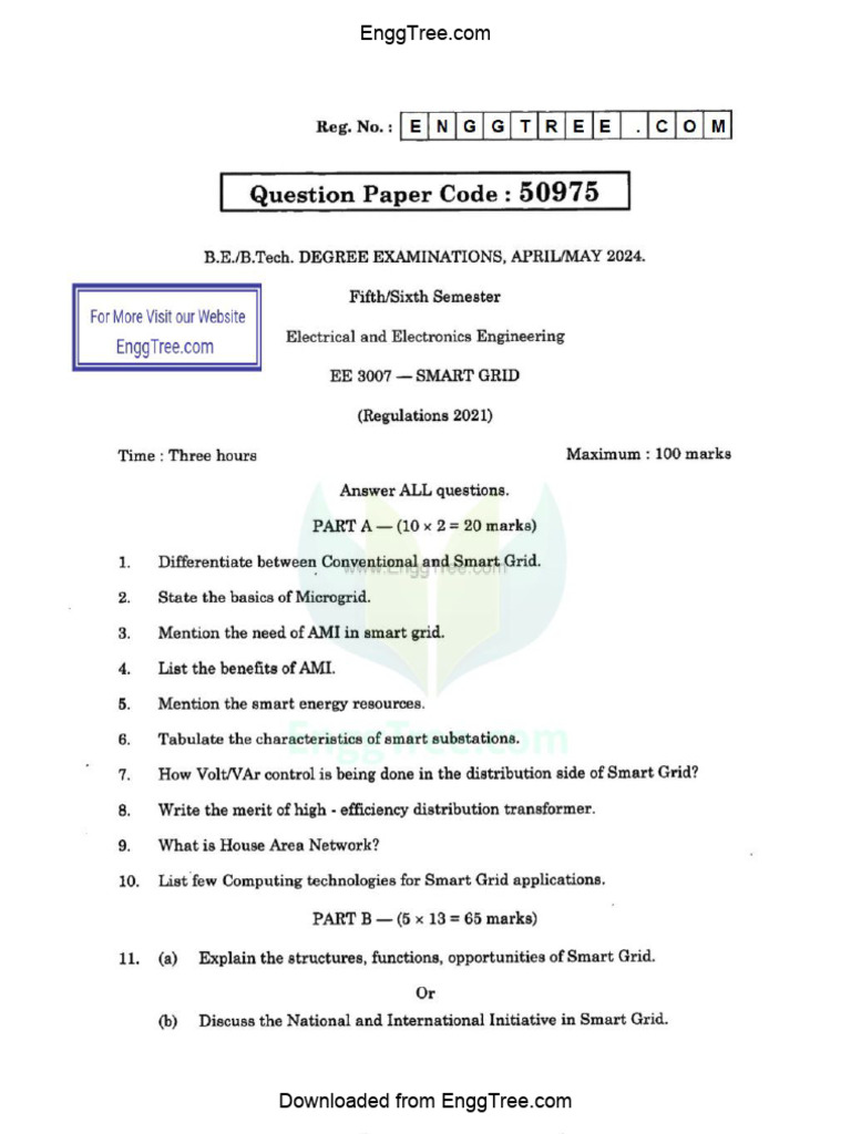 EE3007 Smart Grid Apr May 2024 Question Paper Download | PDF