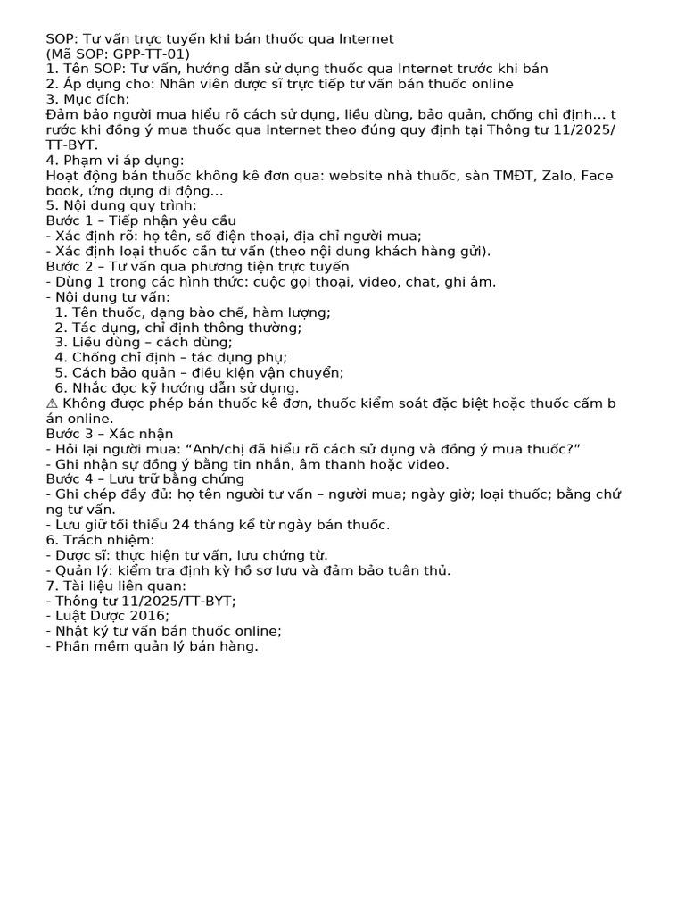 SOP Tu Van Ban Thuoc Online Theo TT11 2025 | PDF