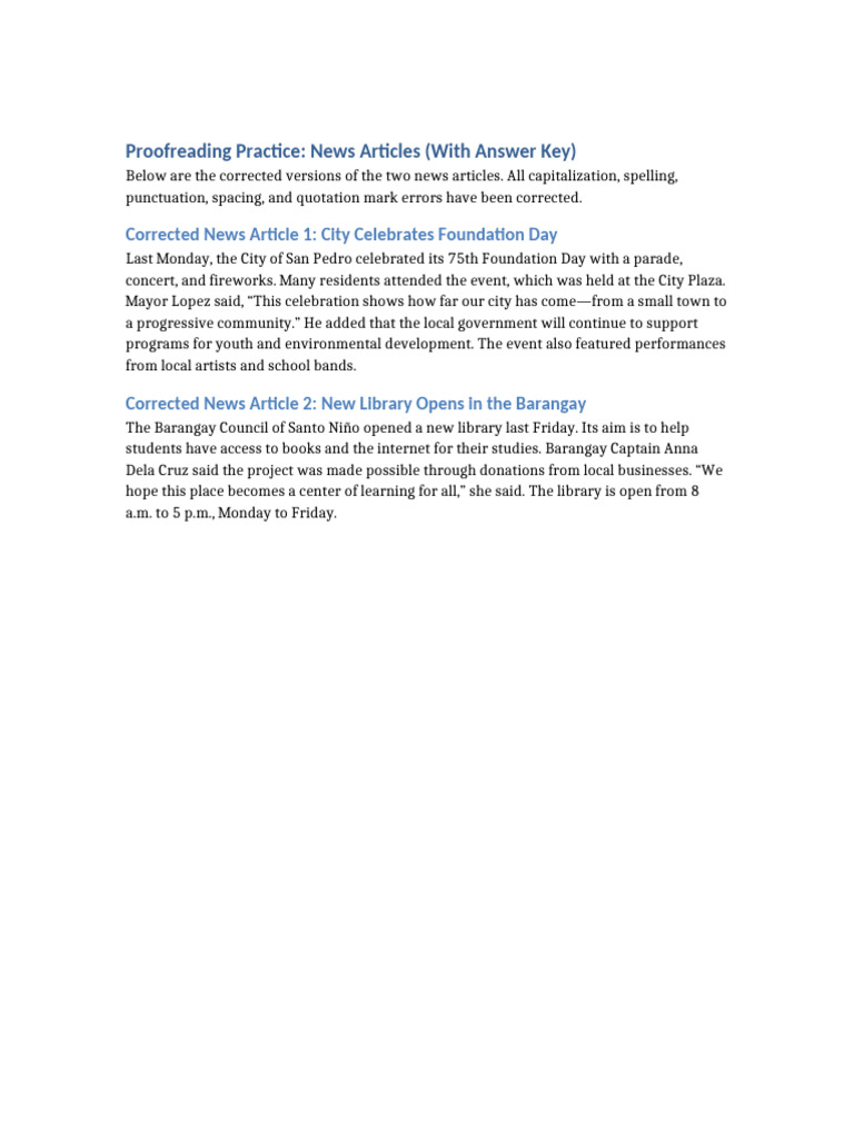 Proofreading Practice News Articles With Answers | PDF