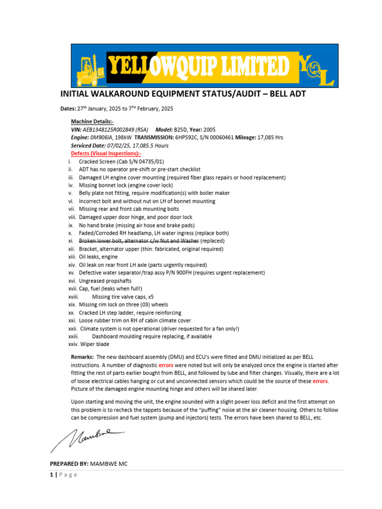 Walk Around Report - BELL ADT B25D Feb25 | PDF | Car Body Styles | Car