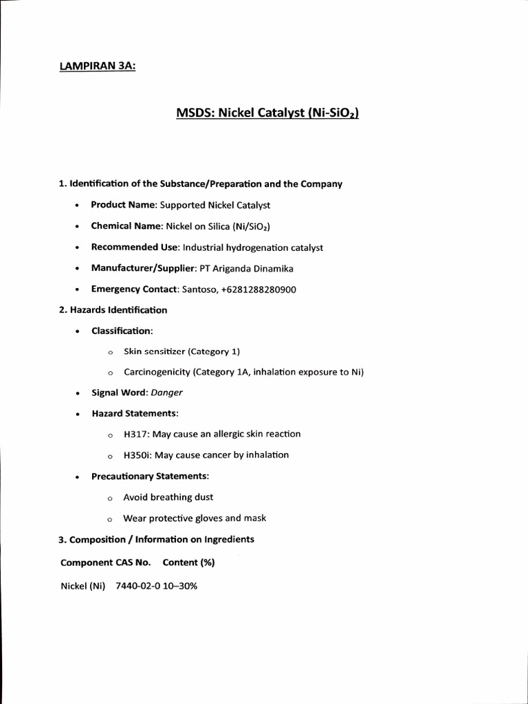 3A, MSDS Nickel Catalyst (Ni-SiO2) | PDF | Silicon Dioxide | Nickel