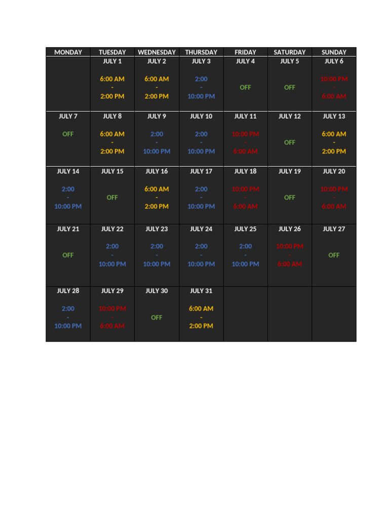 July Work Schedule Overview | PDF