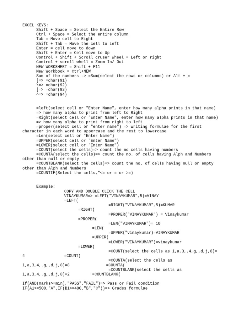 Excel Shortcut Keys | PDF