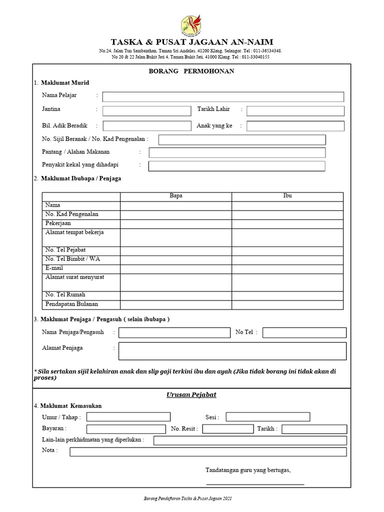 Borang Pendaftaran Taska 2021 An-Naim | PDF