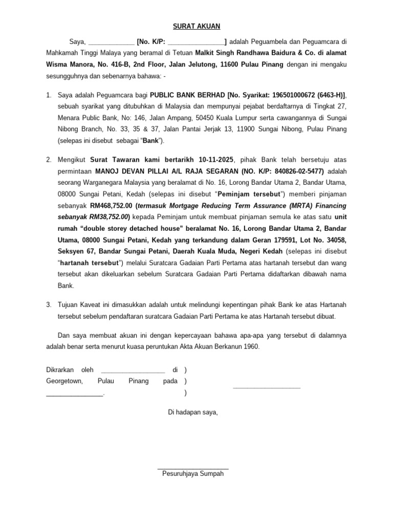 Surat Akuan Peguam untuk Pinjaman Bank | PDF